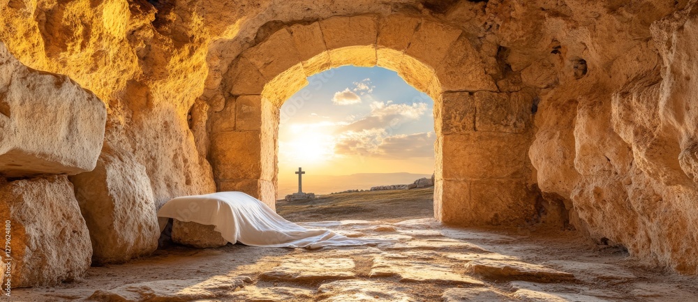 Crucifixion and Resurrection. The tomb of Jesus is empty, with crosses ...