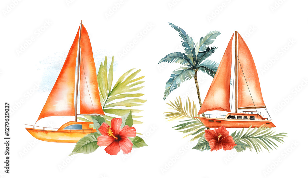 Boat with tropical leaves and hibiscus flowers, watercolor clipart ...