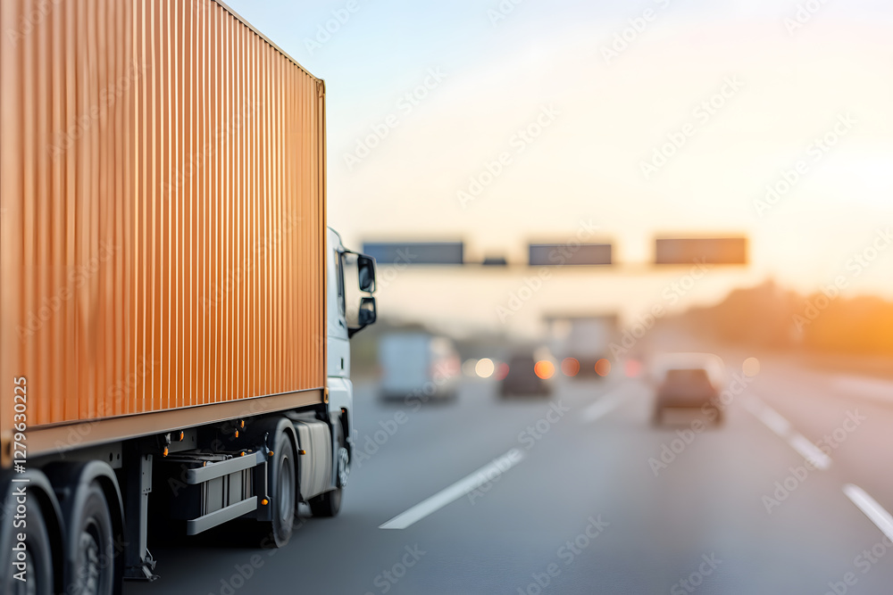 Semi-truck on the highway at sunset, transporting goods across the ...