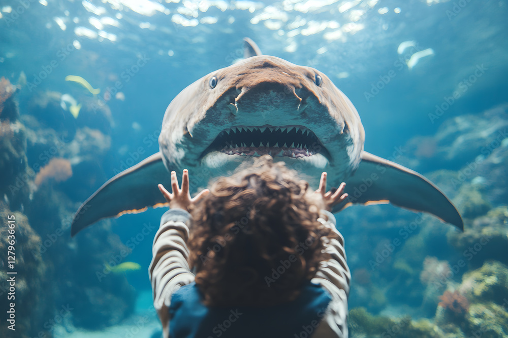 Child encounters a shark. Exploring the underwater world. Excitement ...