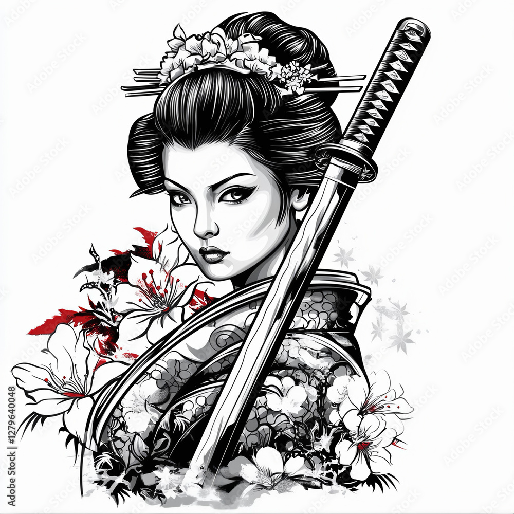 A beautiful Japanese geisha holding a katana in a black and white ink ...