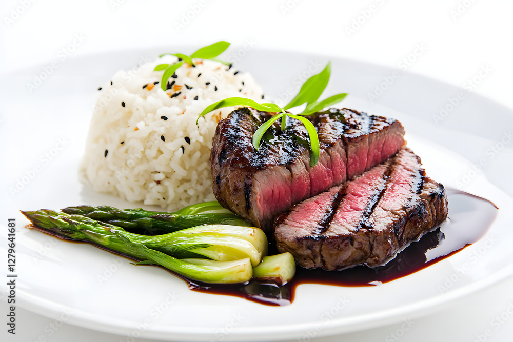 medium-rare steak with green asparagus and baby bok choy, served with ...