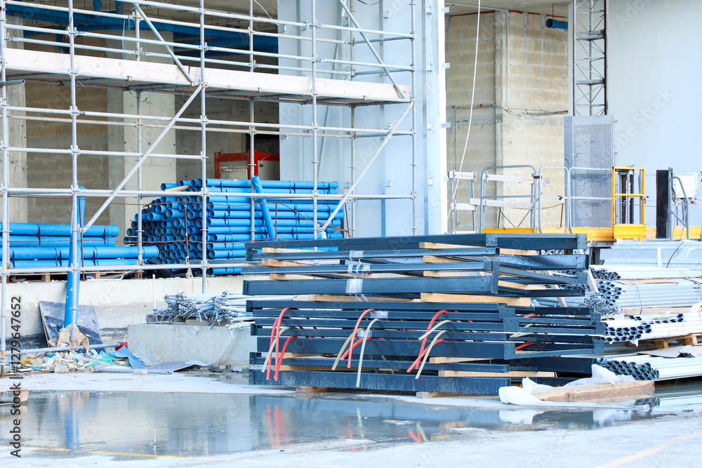 Builders have prepared scaffolding, pipes and other building materials ...