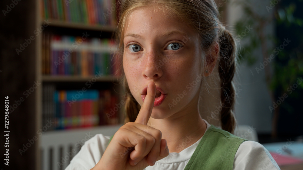 Caucasian little girl school child kid teenage learner student pupil schoolgirl put finger to ...