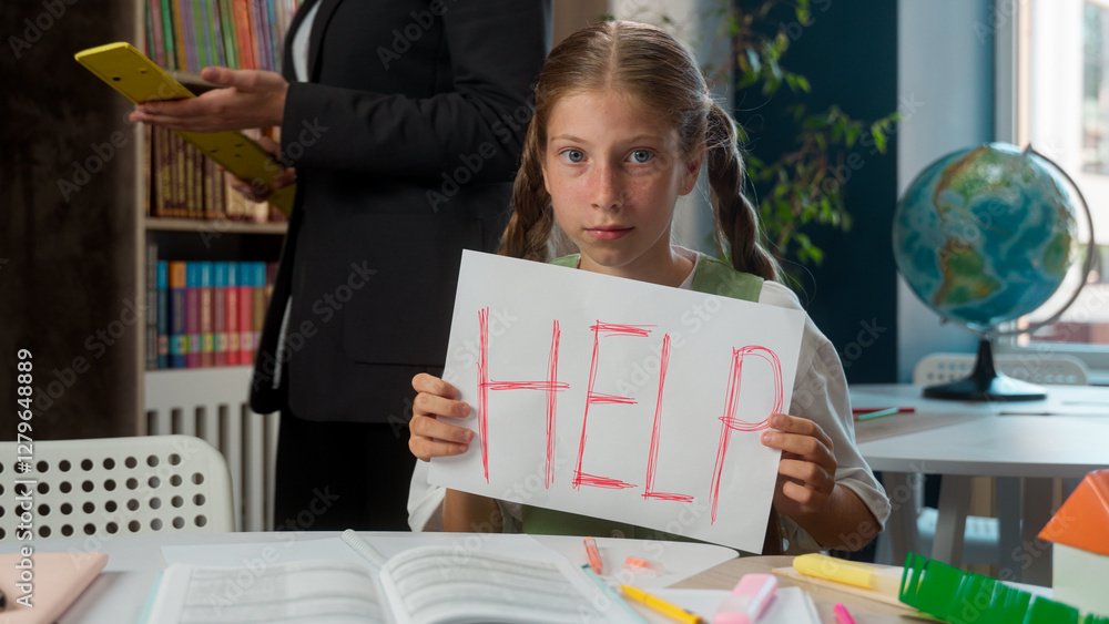 Strict angry Caucasian teacher professor walking around little sad ...