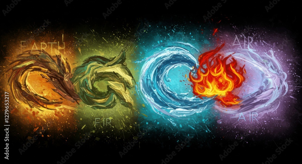 Elemental Harmony: A vibrant depiction of the four classical elements – earth, water, fire, and ...