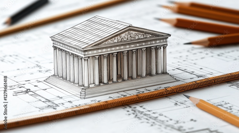 Architectural Design Drawing of a Classical Temple Model in 3D Stock ...