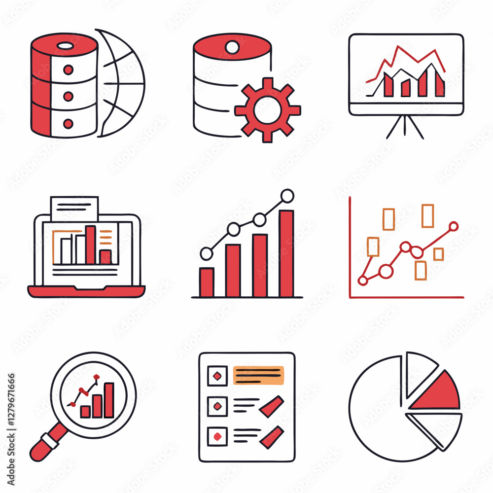 Data analytics flat icon set. Containing database, statistics, monitoring, computing, technology ...