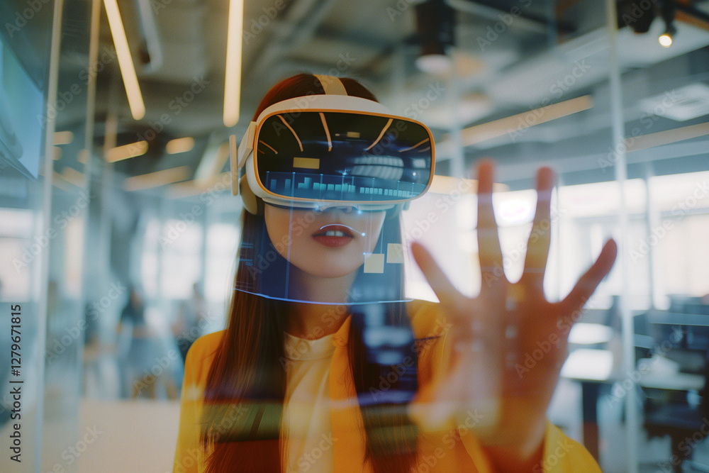 School girl wearing VR headset goggles using AI artificial intelligence ...