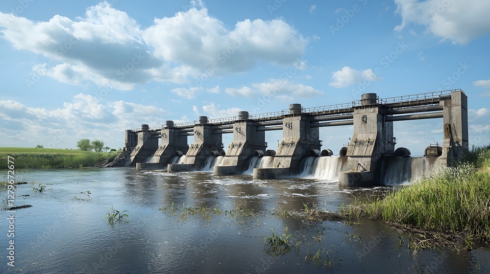 Large scale hydraulic dam gate system with pistons and reservoirs ...