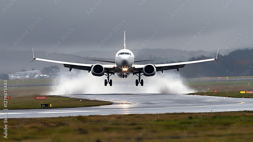 A commercial passenger aircraft battling fierce wind shear conditions ...
