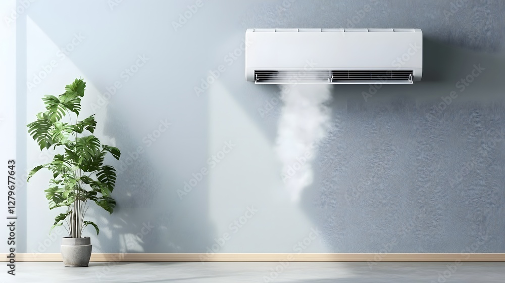 A modern split type air conditioning unit installed on the wall of a ...