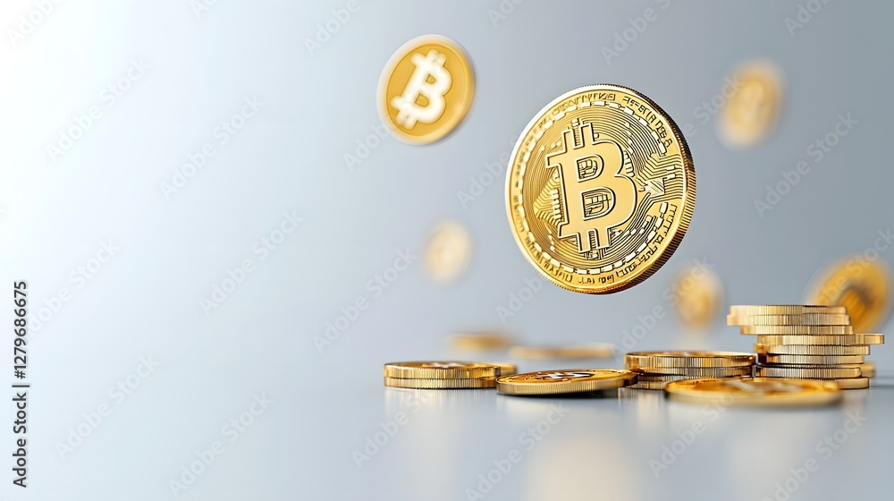 rendering of a golden Bitcoin coin spinning in mid air with a ...