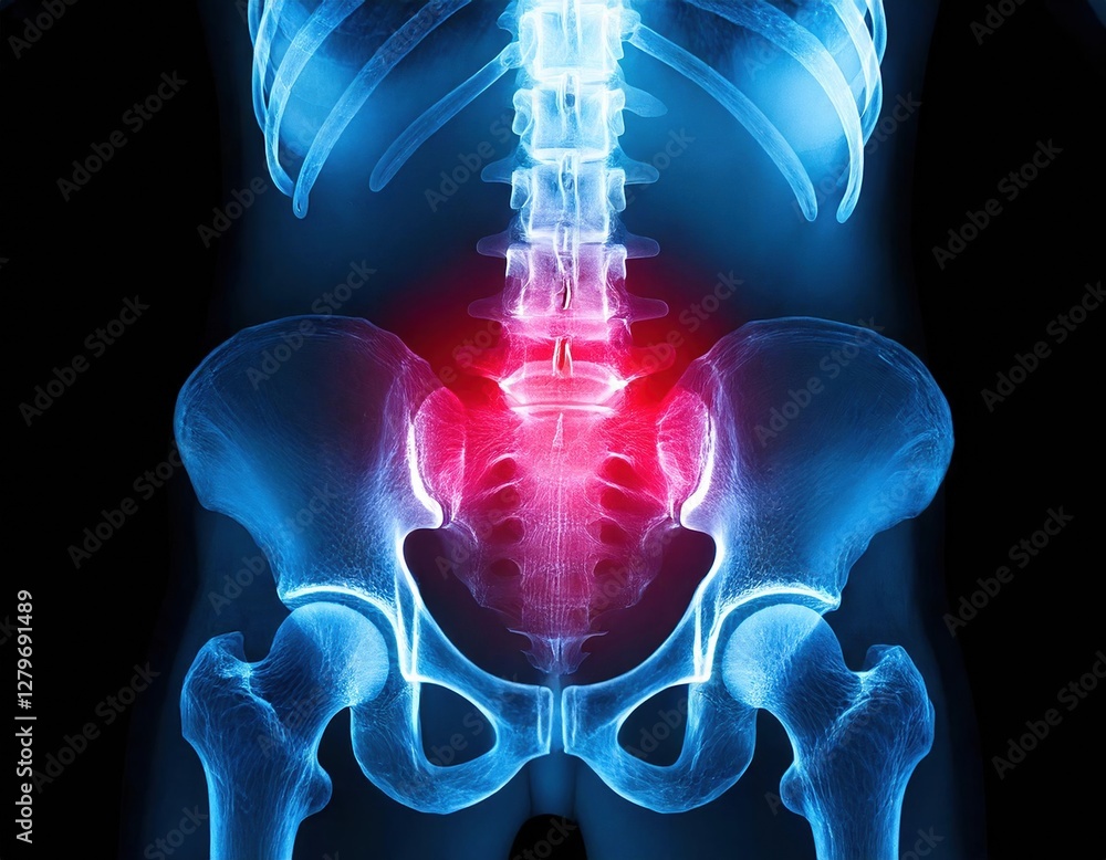 Medical imaging of a human spine and pelvis highlighting pain areas in ...