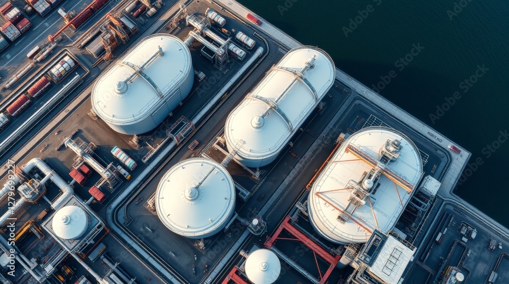Birds-eye view of an LNG production facility with massive gas storage ...
