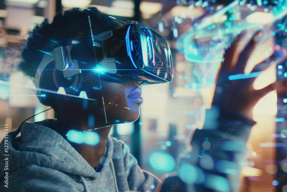 School boy wearing VR headset using AI artificial intelligence ...