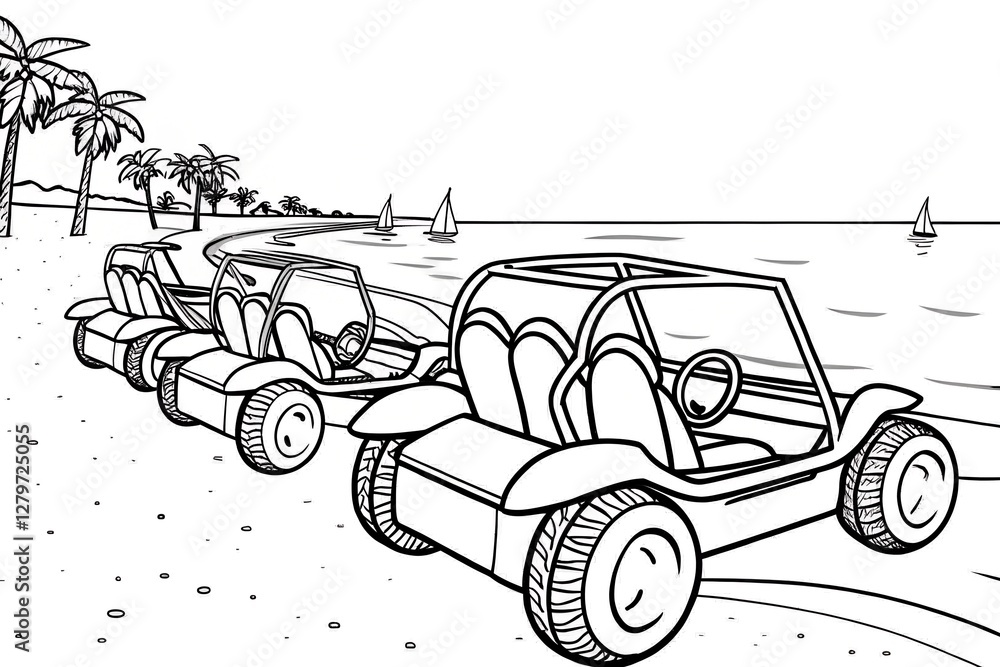 Dune Buggies on a Beach, Black and White Coloring Page for Kids Stock ...