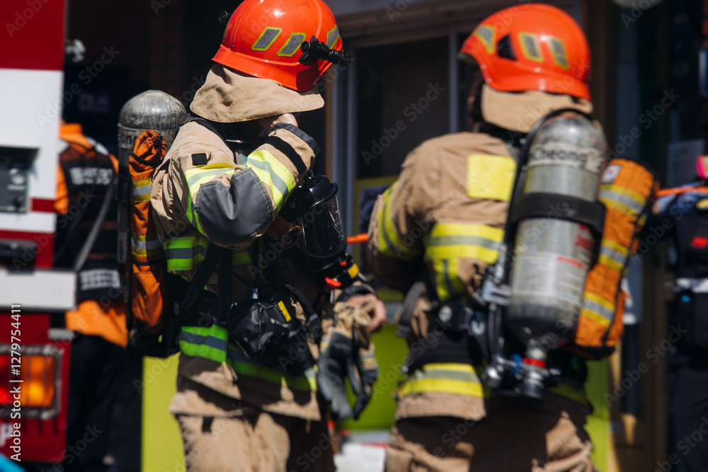 Group of South Korean fire men during fire fighting operation in the ...