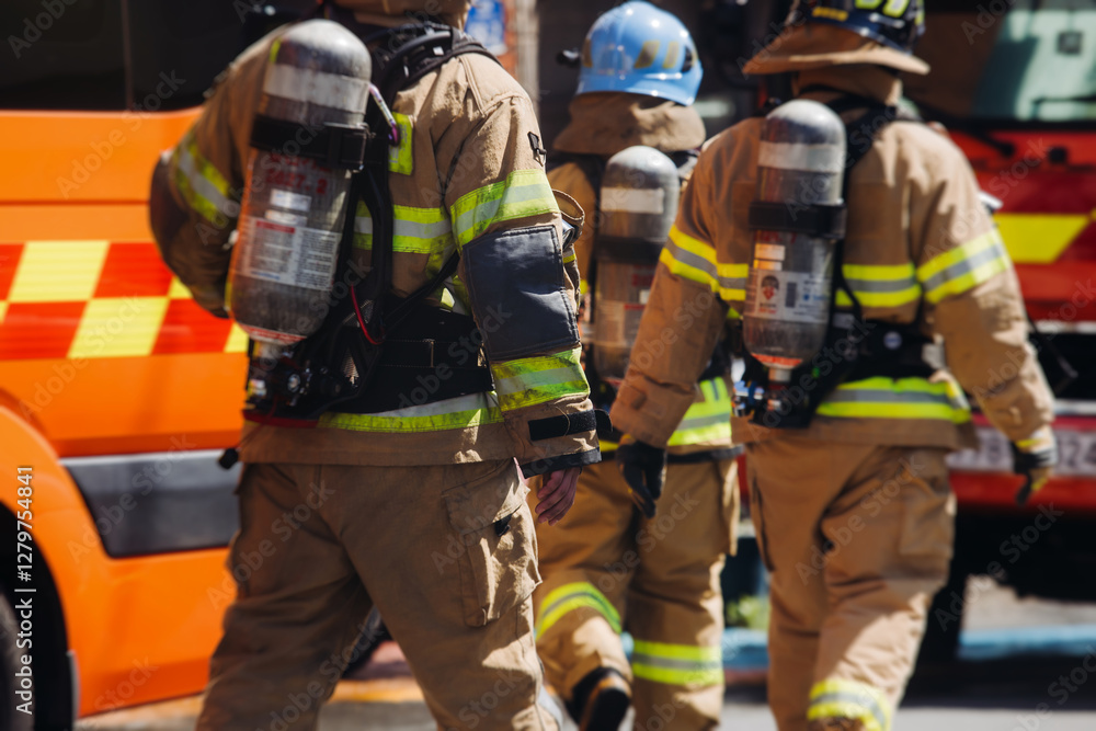 Group of South Korean fire men during fire fighting operation in the ...