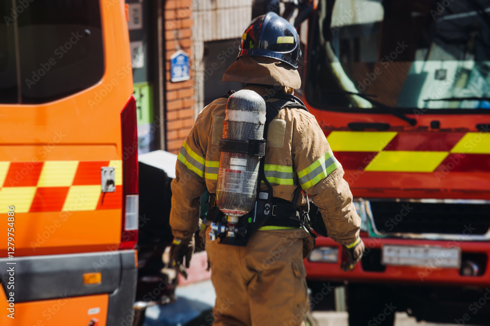 Group of South Korean fire men during fire fighting operation in the ...