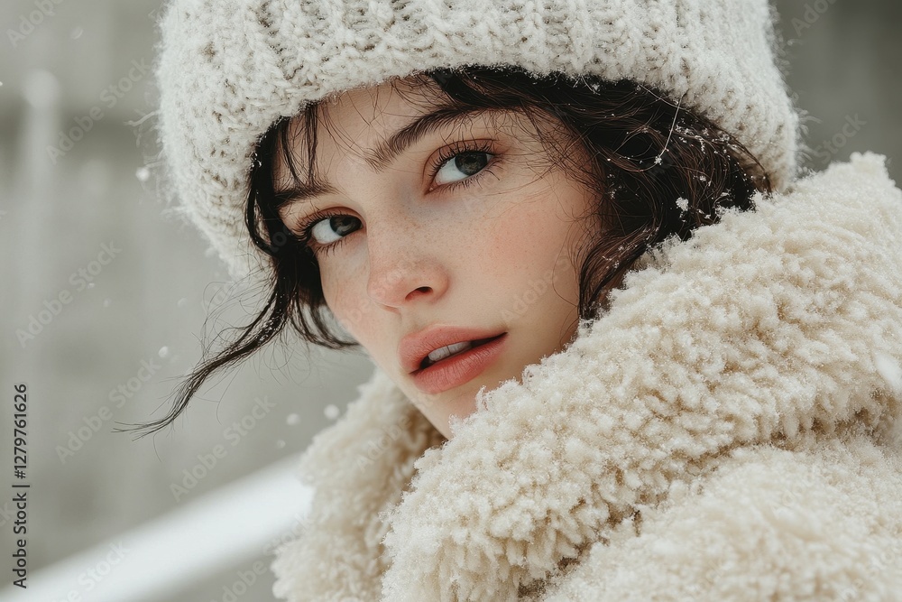 Fashion model showcases elegant winter attire in a modern art-inspired ...