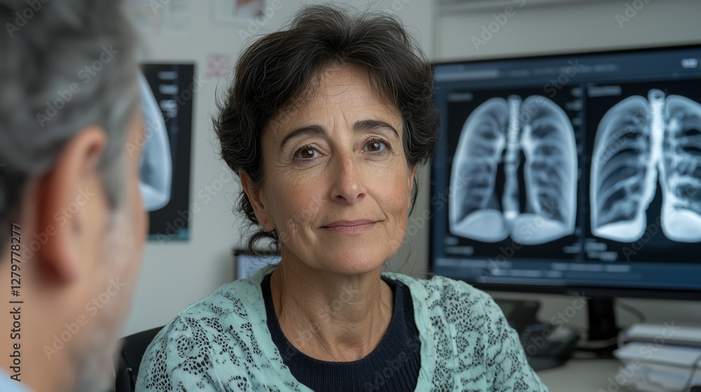 Mature caucasian woman at doctor's office with chest x-rays on computer ...