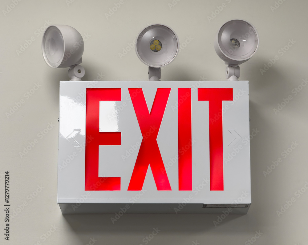 Illuminated emergency exit sign with bold red lettering and backup ...