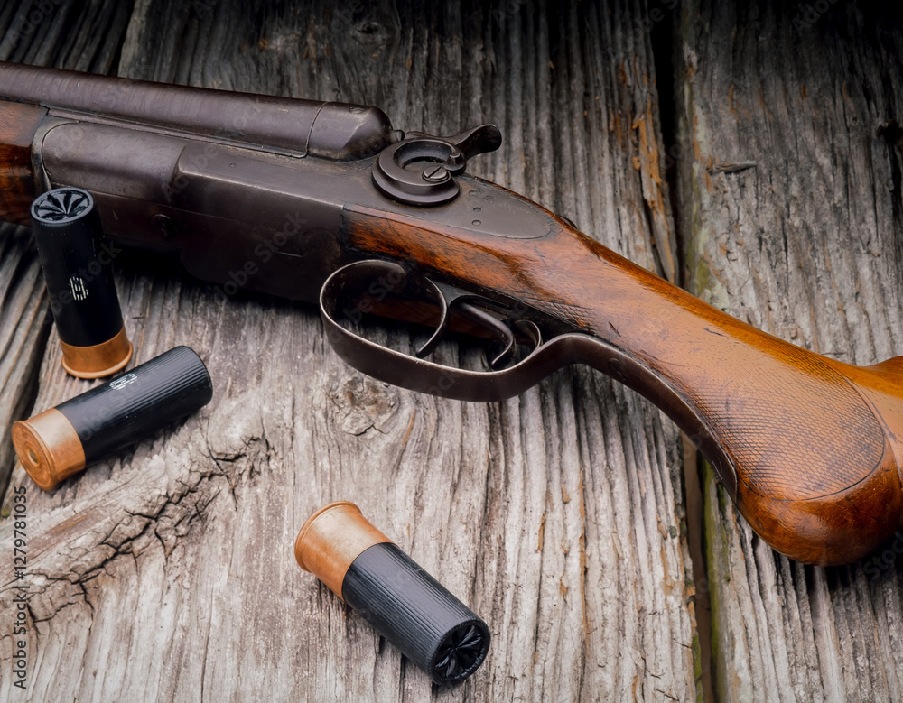 old double barrel shotgun and shells Stock Photo | Adobe Stock
