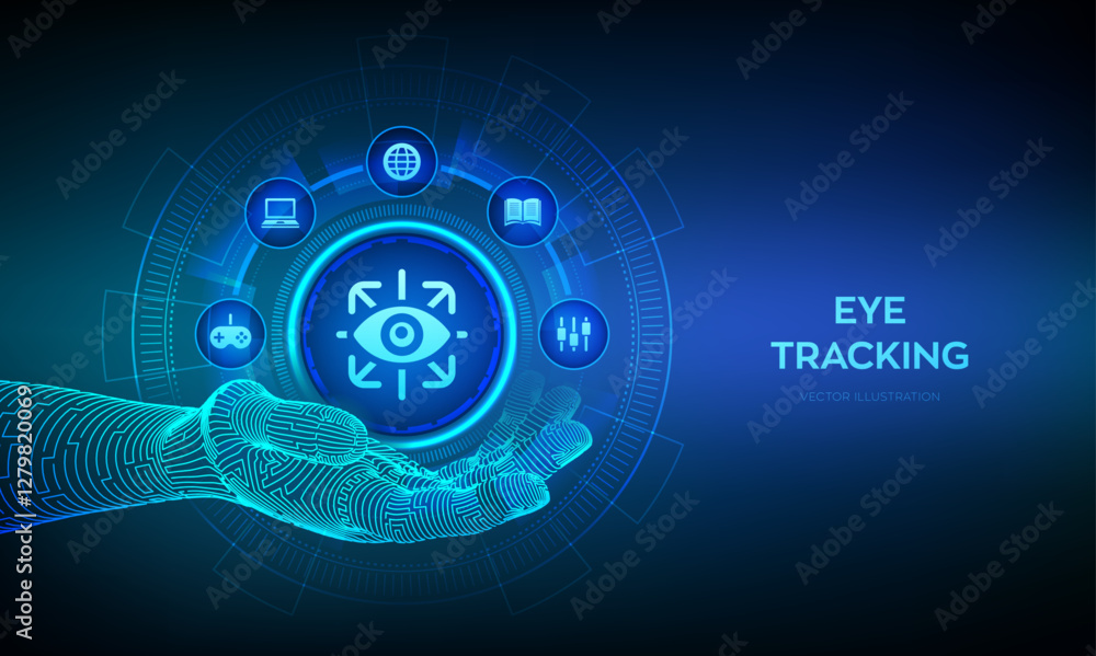 Eye tracking icon in wireframe hand. Cyber eye. Gesture recognition ...