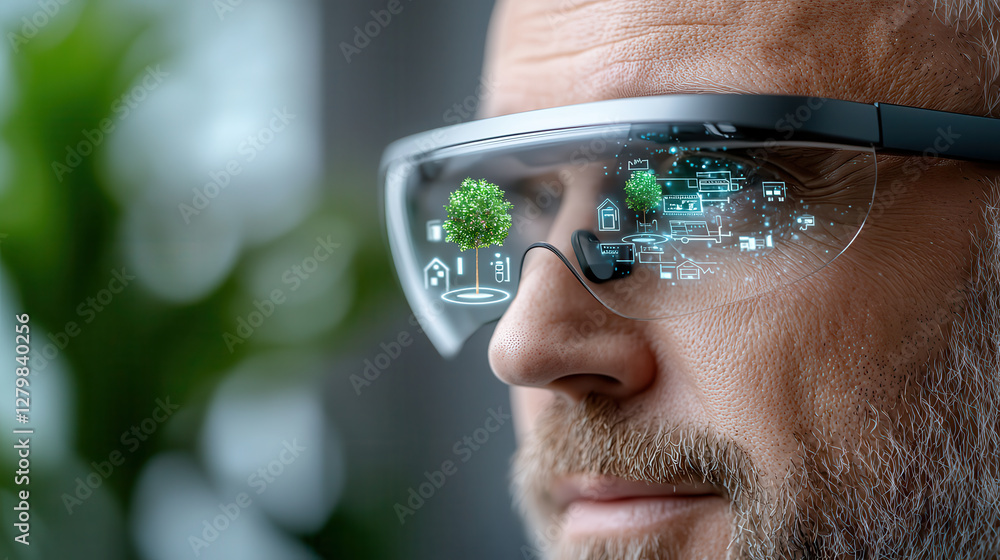 man wearing AI driven smart glasses projects holographic images of tree ...