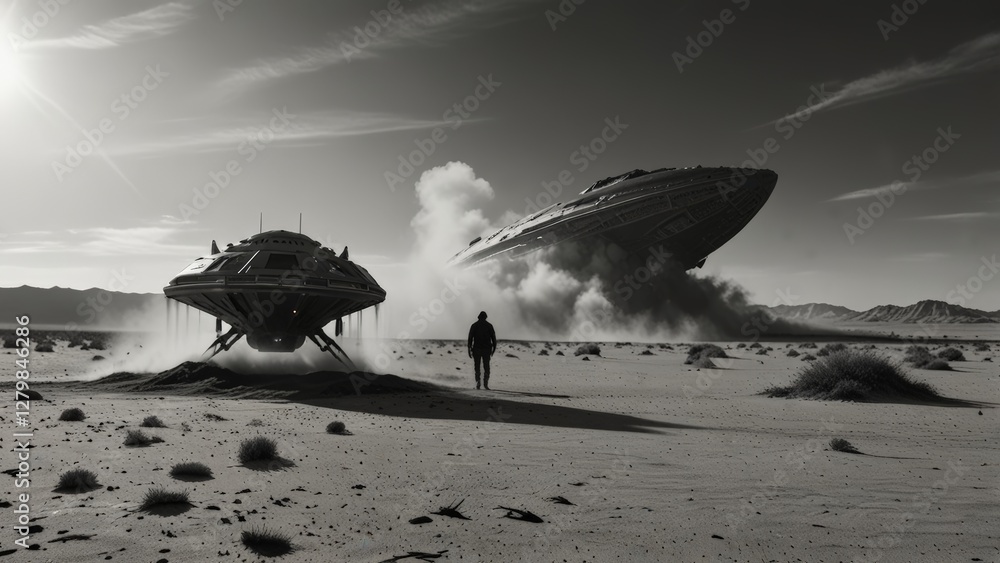 Ilustración de Stock Retro 1950s UFO Crash in Desert with Dust Clouds ...