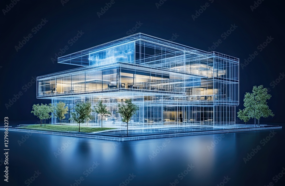 Futuristic transparent building model with wireframe hologram overlay ...