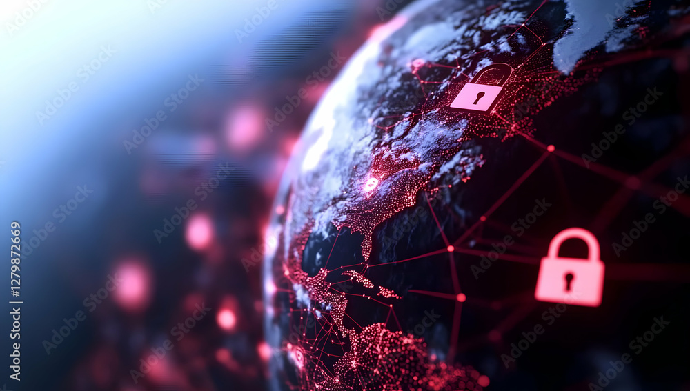 Global Network Security A digital Earth map with red security lock ...