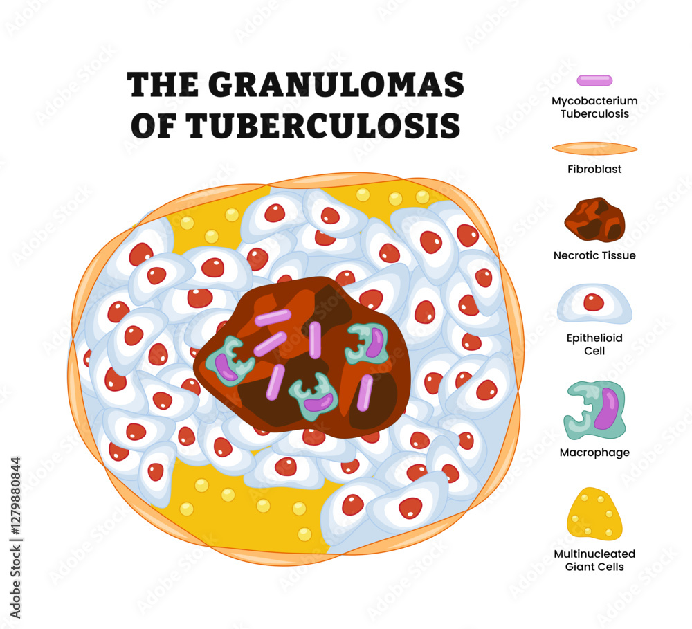 The Granulomas of Tuberculosis structure anatomy diagram medical poster, labeled mycobacterium ...