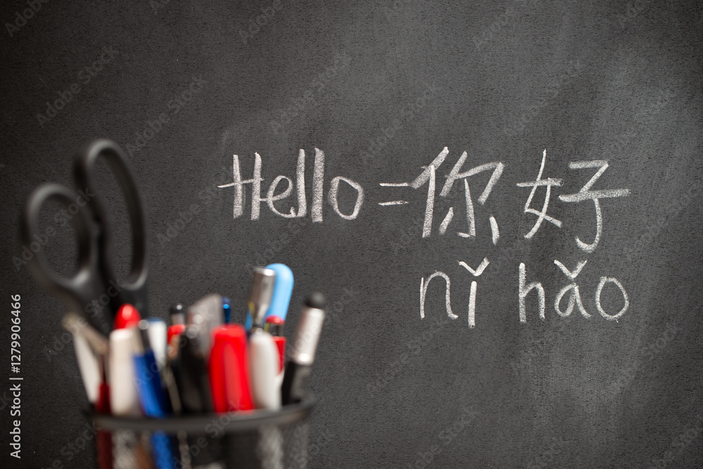 Beginner Chinese language learner writing Hello word Nihao in Chinese ...