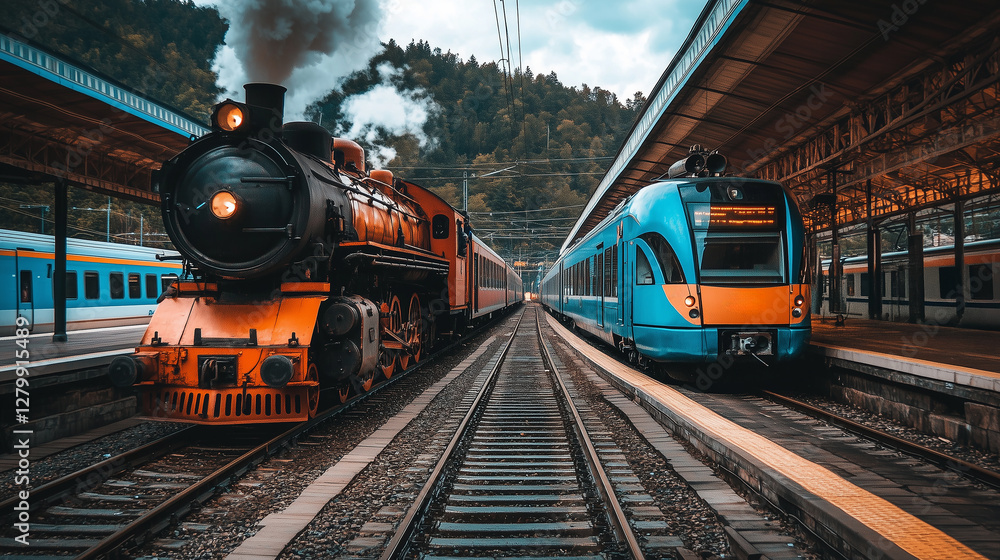 Old steam locomotive beside a sleek electric train, side view ...