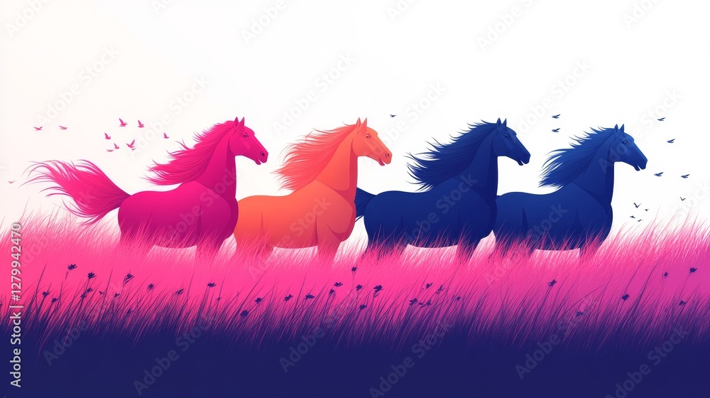 Colorful abstract horses galloping across a vivid field graphic design ...