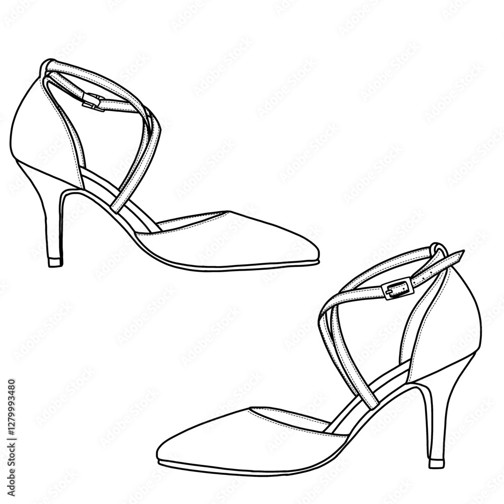 Technical sketch drawing of heel for women closed-toe high heels pumps ...