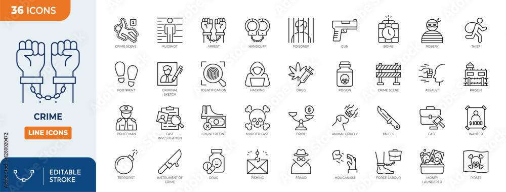 Crime line editable icon set. Containing icons related to crime ...