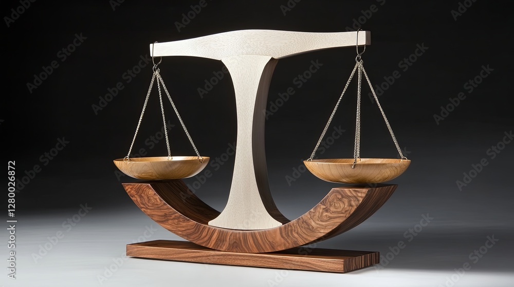 Wooden balance scale with one side heavier, symbolizing justice and ...