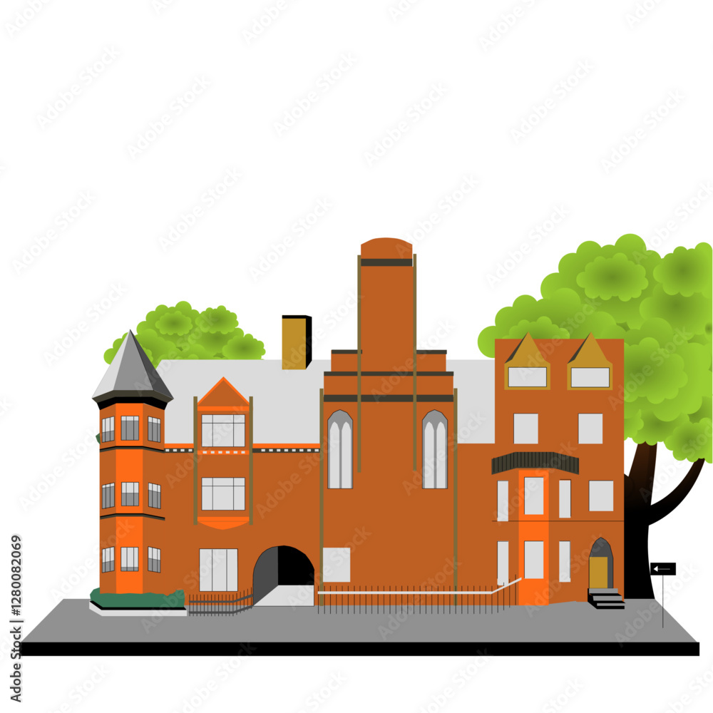 Vector illustration of a historic red brick building with Gothic and ...