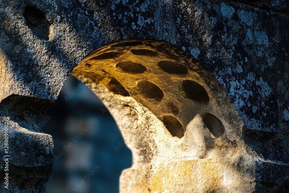 Sunlit stone archway with textured surface and multiple holes ...