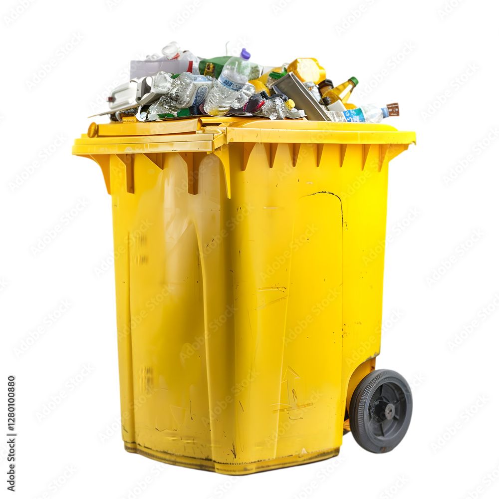 Yellow trash bin overflowing with recyclable materials, set against a ...