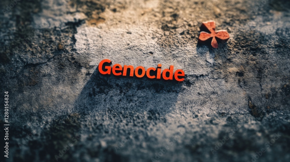 Red genocide text on weathered concrete background with symbolic flower ...
