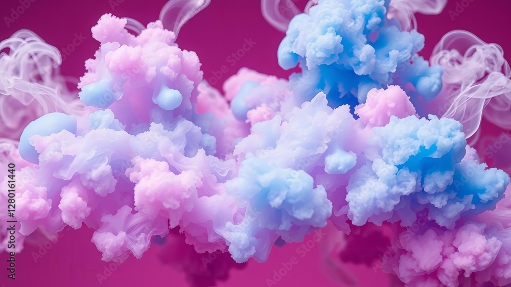 Pink smoke puffs swirling in front of a vibrant blue background in bold ...