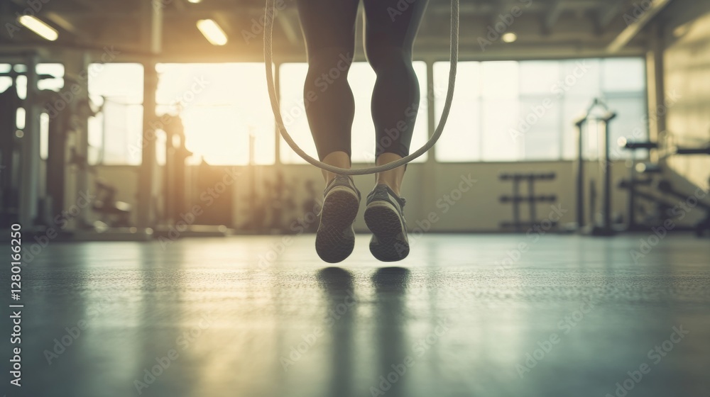 HIIT workout with jump rope and squat pulses in a minimalist gym ...