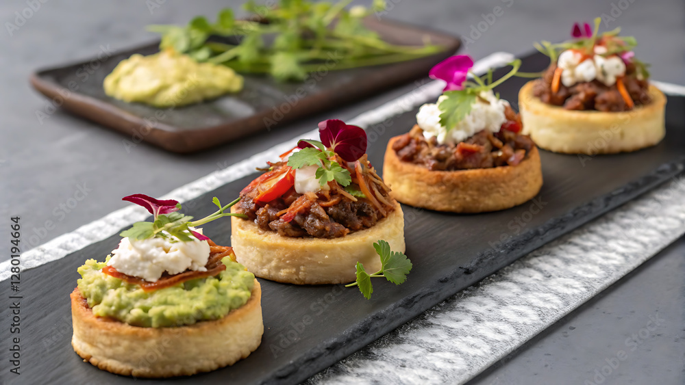 Assorted mini sopes with toppings on slate board for mexican cuisine ...