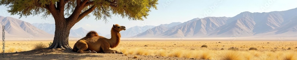 Bactrian Camel resting under shade of tree in Nubra Valley, desert ...