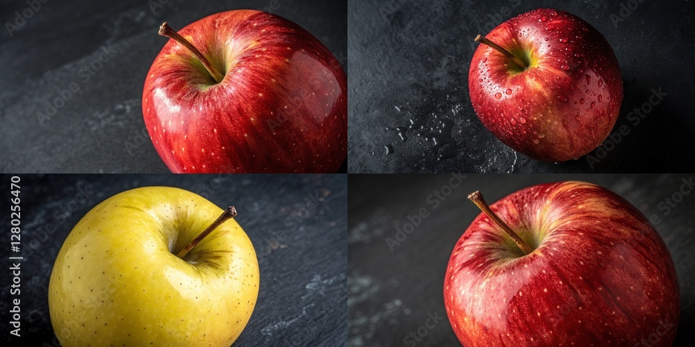 Four apples of different colors are shown in a collage. The apples are ...
