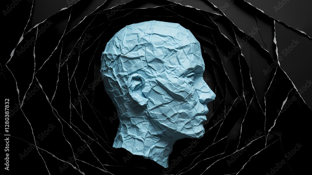 Crumpled blue paper human head design encased in torn black paper ...